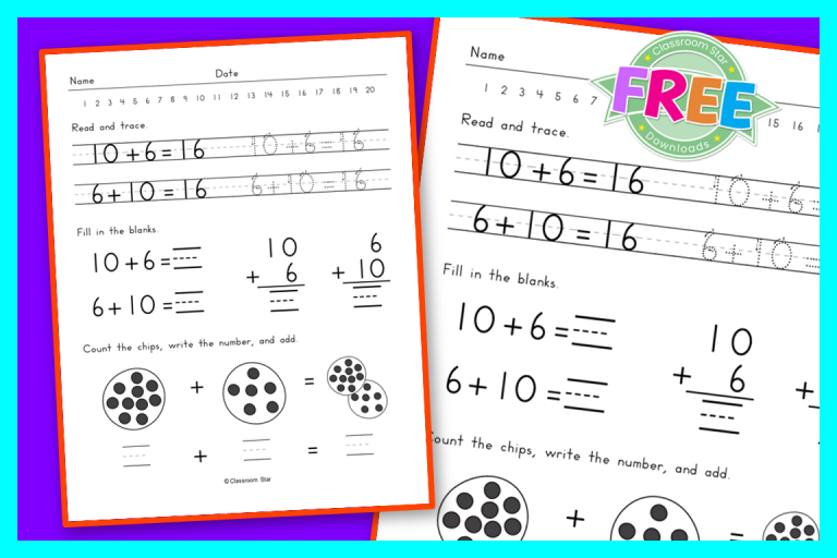 Ten Plus Six Addition Worksheet - Classroom Star Worksheets